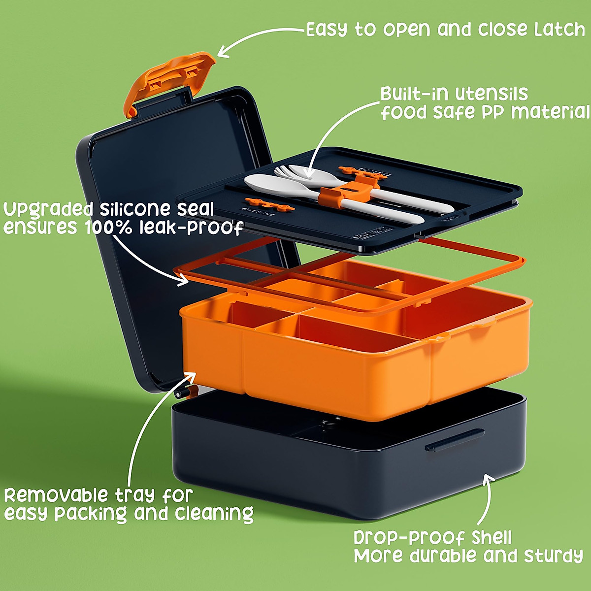 Fimibuke Bento Lunch Box for Kids, Leak Proof Toddler Bento Box with 4 Compartments BPA Free Dishwasher Safe Lunch Container with Utensils, Ideal Portion Sizes for Ages 3-12 Girls Boys for School