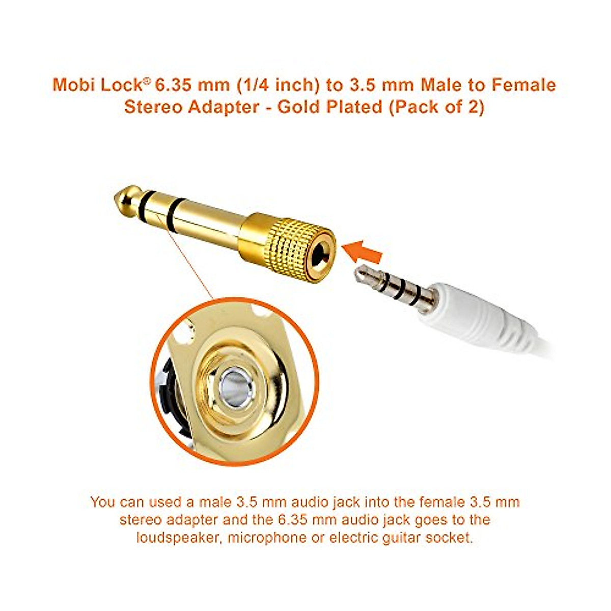 Mobi Lock 6.35mm Plug to 3.5mm Socket (Pack of 2) 1/4 to 1/8 inch Stereo Audio Jack Adapter | Converts Audio from Amplifiers, Guitar, Piano, Drums, Speakers & Mic That use 6.35mm to 3.5mm Port