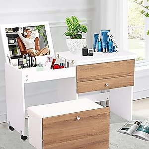 SAMERY Makeup Vanity Desk with Mirror and Drawers, Flip Top Vanity Table Set with Storage Cushioned Stool, 4 in 1 Wood Dressing Table for Women Girls for Bedroom, Short, White