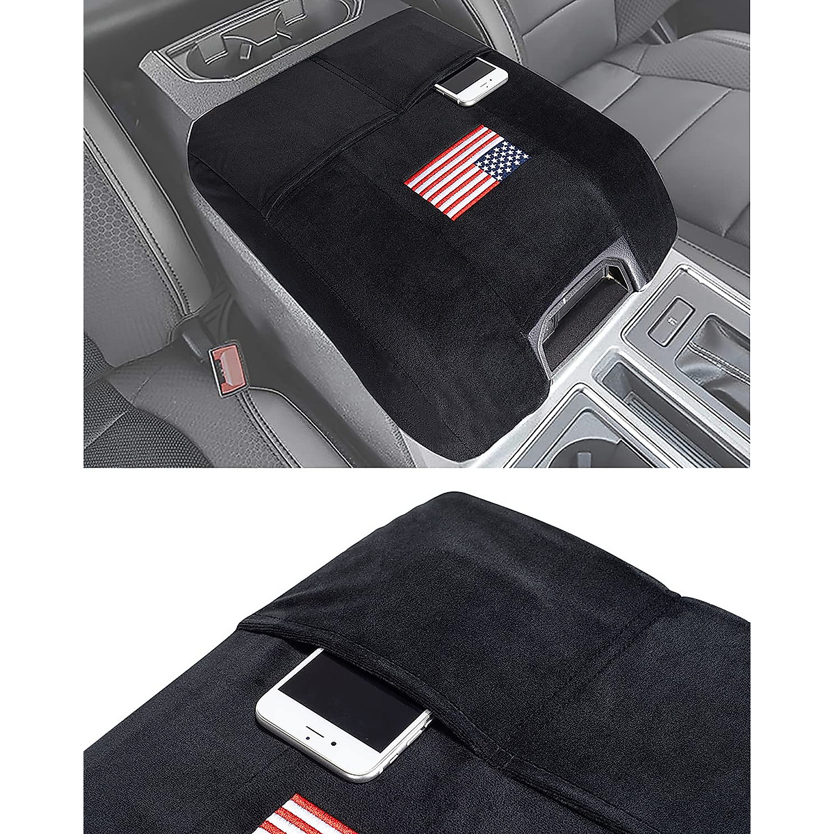 ISSYAUTO Center Console Cover Compatible with 2015-2020 F150, 2017-2022 F250 F350 F450, 2018-2023 Expedition, American Flag Armrest Cover with Pockets (Bucket Seat Only)