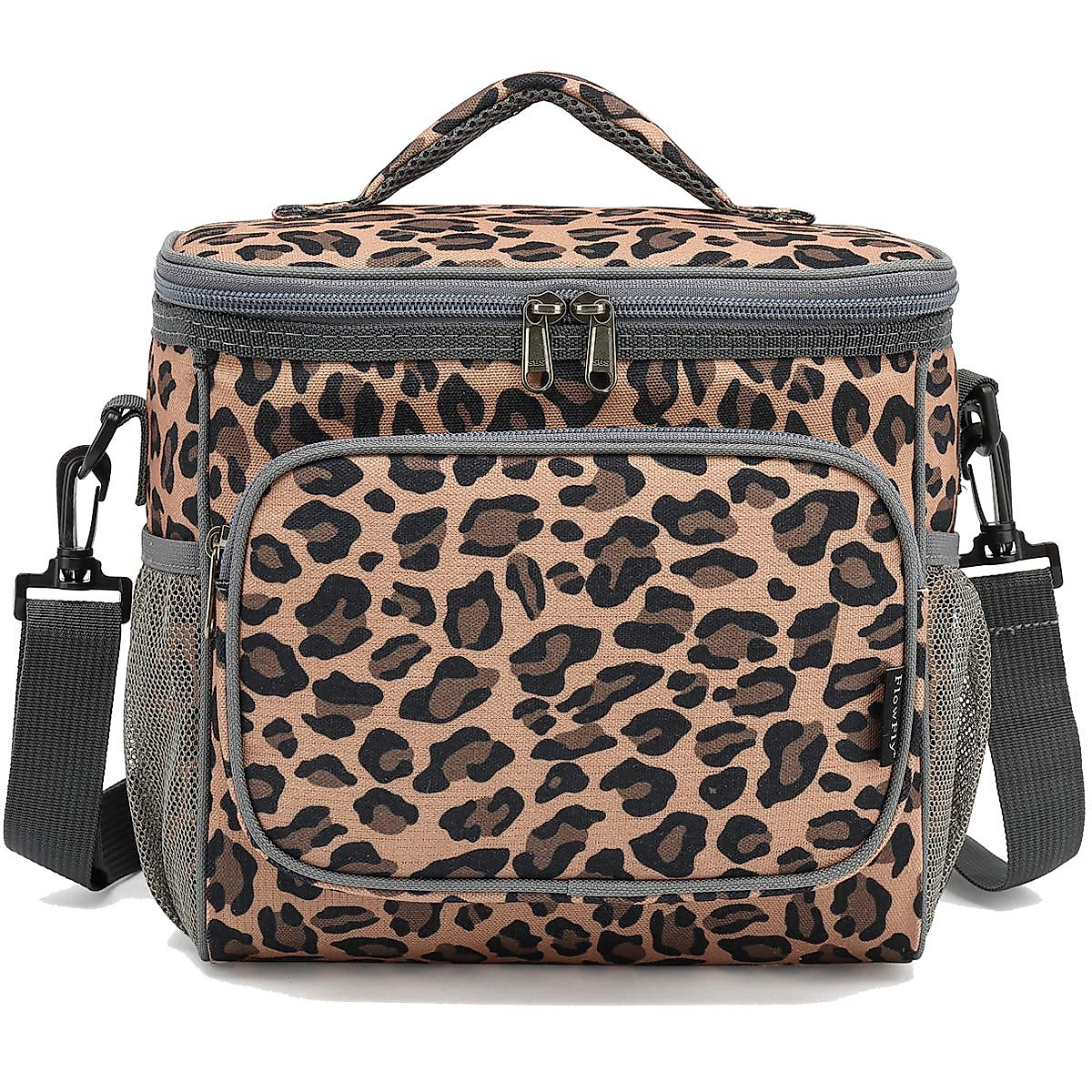 FlowFly Insulated Reusable Lunch Bag Adult Large Lunch Box for Women and Men with Adjustable Shoulder Strap,Front Zipper Pocket and Dual Large Mesh Side Pockets, Leopard