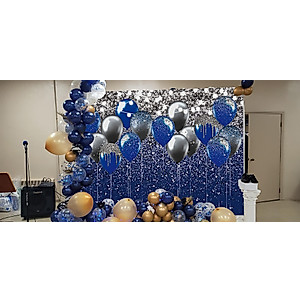 Royal Blue Glitter Backdrop Blue and Silver Black Balloon Sequin Photography Background for Birthday Wedding Graduation Prom Party Banner Decoration Photo Props (8x6FT)