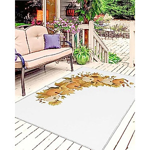 Teamery Outdoor Rug Fall Thanksgiving Maple Leaves Sunflowers Area Rug, Easy Cleaning Waterproof Outdoor Plastic Straw Rug for Patio Decor Backyard Deck Picnic Camping Living Room, 5x8 Feet