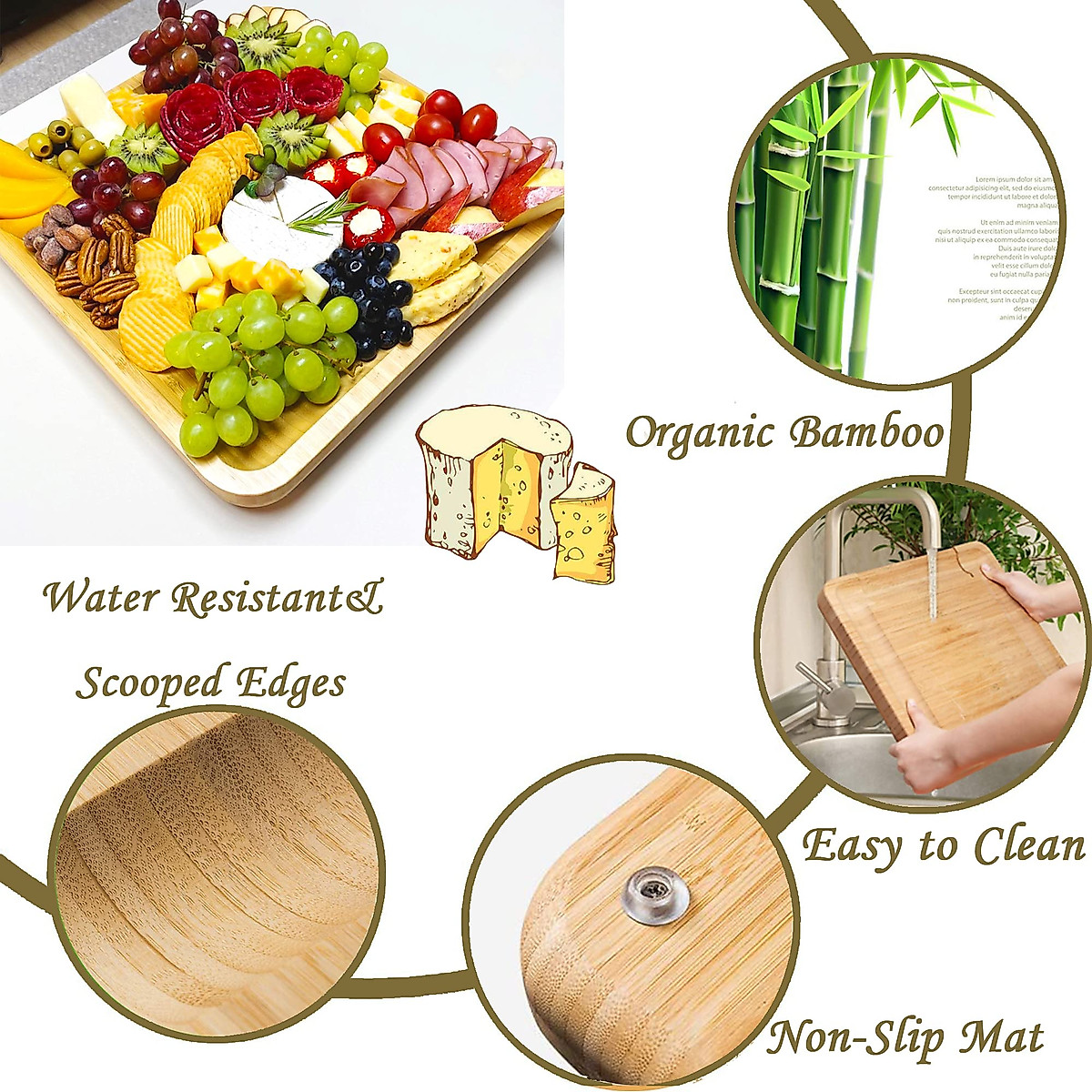 Pylepe Bamboo Cheese Board with 4 Stainless Steel Knife Set,Charcuterie Platter Board Set & Cheese Serving Tray,Unique New House Warming Anniversary Christmas Gift for Couple Women