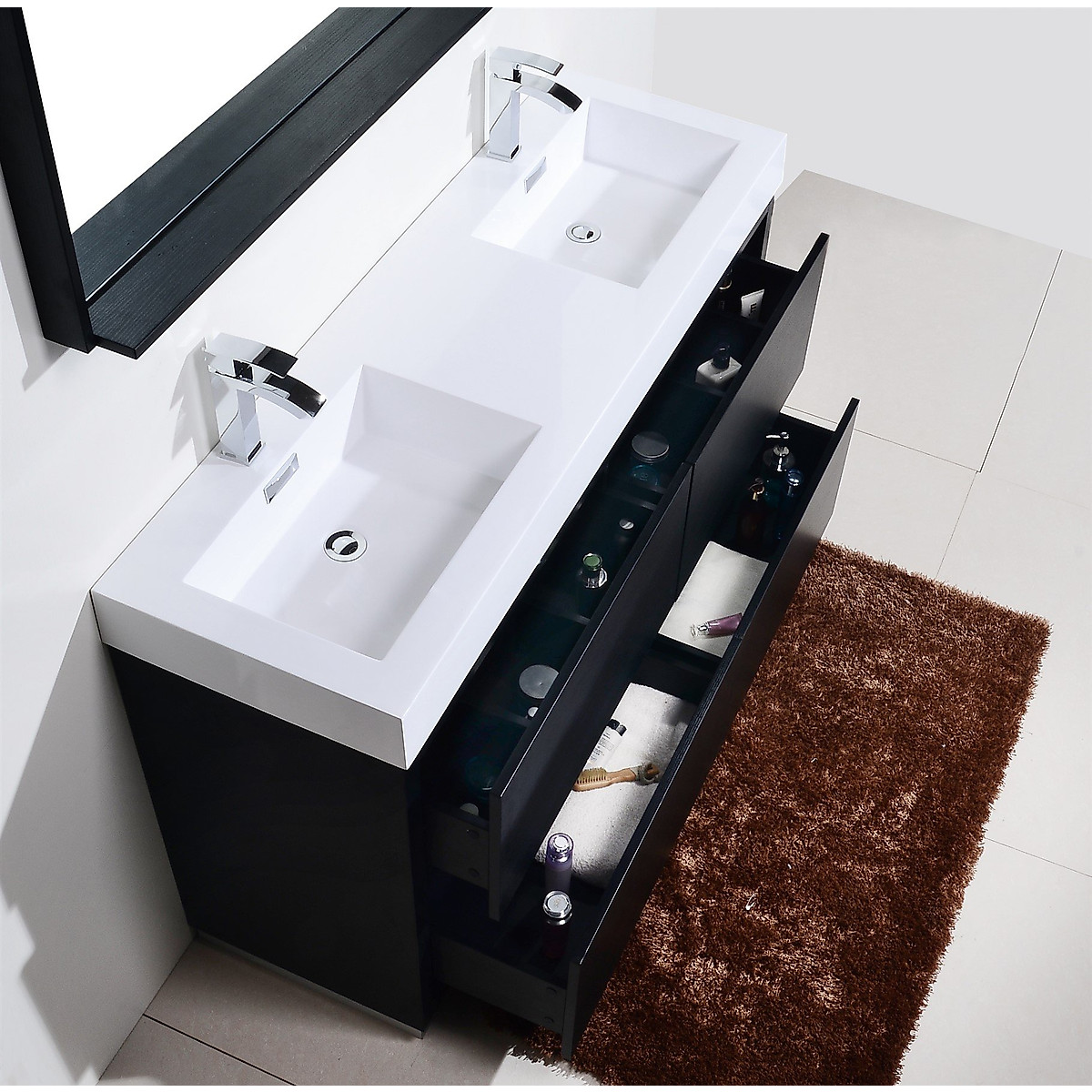 Bliss 60″ Black Double Sink Floor Mount Modern Bathroom Vanity