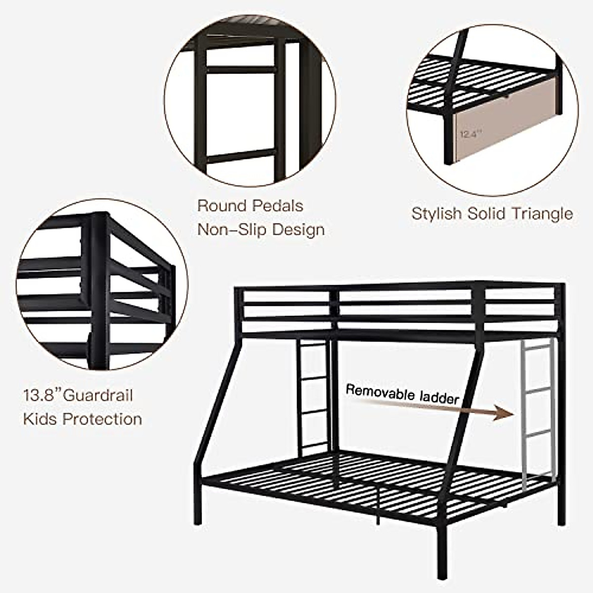 ikalido Metal Bunk Bed, Twin Over Full Size Beds with Sturdy Guard Rail & Removable Ladder, Space-Saving/Noise-Free/Matte Black
