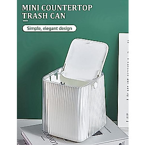 SUNTEREST Small Desktop Trash Can with Lid,Mini Garbage Can with Trash Bags,Modern Vanity Little Countertop Waste Bin,Press Type Tiny Table Trash Bucket for Bathroom,Kitchen,Bedroom,Office (White)
