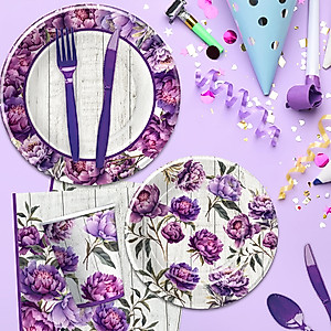 HIPVVILD Peony Party Decorations Dinnerware, Purple Peony Floral Party Supplies, Plate, Cup, Napkin, Cutlery, Tablecloth, Peony Flower Party Tableware For Birthday Bridal Baby Shower Wedding, Serve 24
