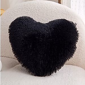 MOOWOO Black Fluffy Heart Pillow, Faux Fur Throw Pillow,Sherpa Plush Fluffy, Cute Soft Throw Cushion, Valentines Day,Thanks Giving Days,Christmas Day Decorative for Home Bed Couch (Black)