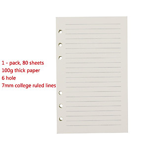 6-Ring A6 Binder/Planner Refill Paper, 6 Hole,6 3/4 x 4 1/8 Inches Refillable White Paper for Loose Leaf Binder Notebook Diary Traveler Journal Inserts, 80 Sheets/160 Pages,Lined