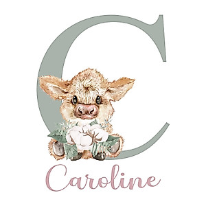 Personalized Watercolor Highland Cow Sage Green and Dusty Rose Rustic Cotton Farmhouse Baby Nursery Unframed Print