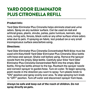 NaturVet – Yard Odor Eliminator Plus Citronella Spray – Eliminate Stool and Urine Odors from Lawn and Yard – Designed for Use on Grass, Patios, Gravel, Concrete & More – 64oz Refill (No Hose Nozzle)