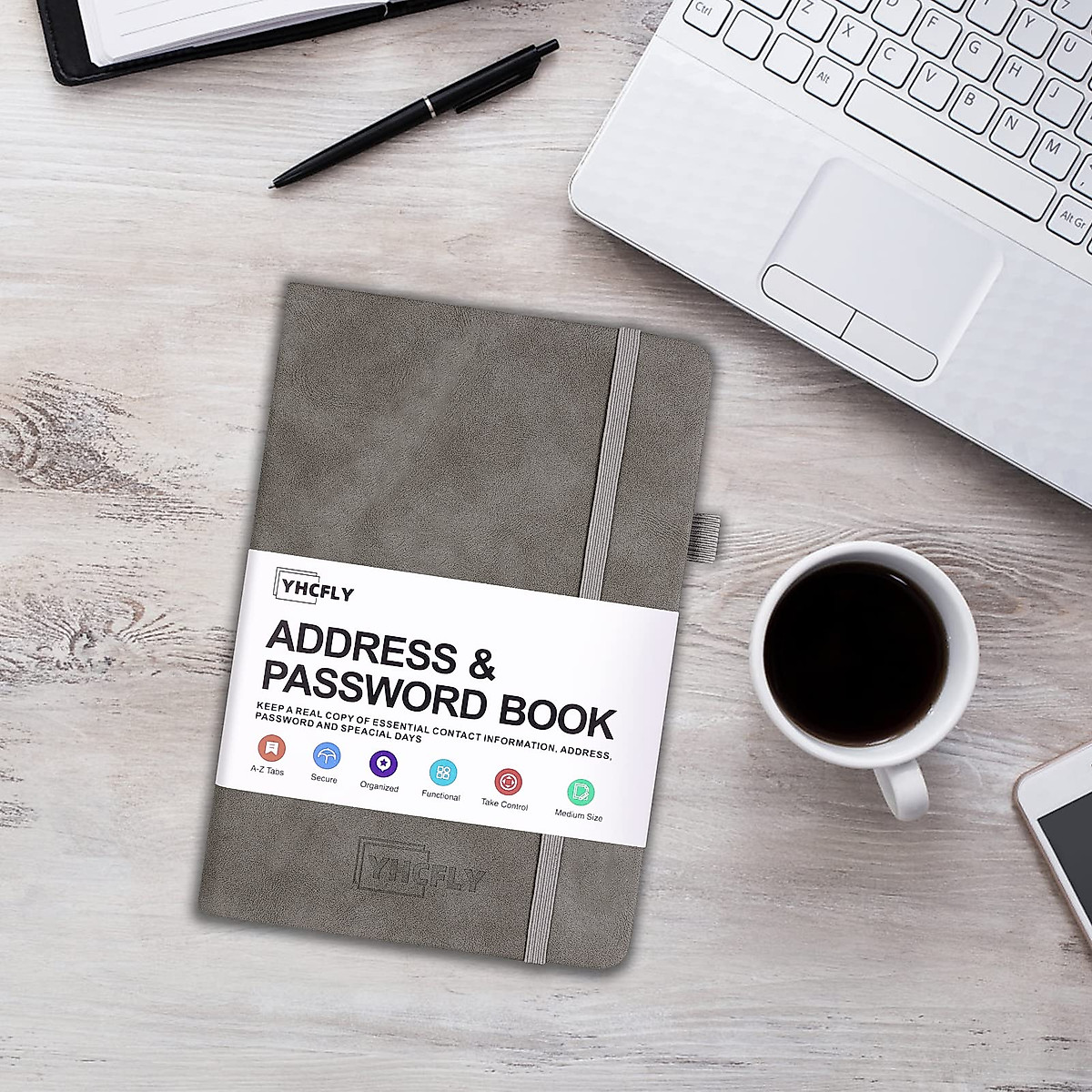 YHCFLY Address Book with Alphabetical Tabs, PU Leather Password Keeper and Telephone Book Address Organizer Record Contacts, Anniversaries, Birthdays - 5.3"x7.7" Grey