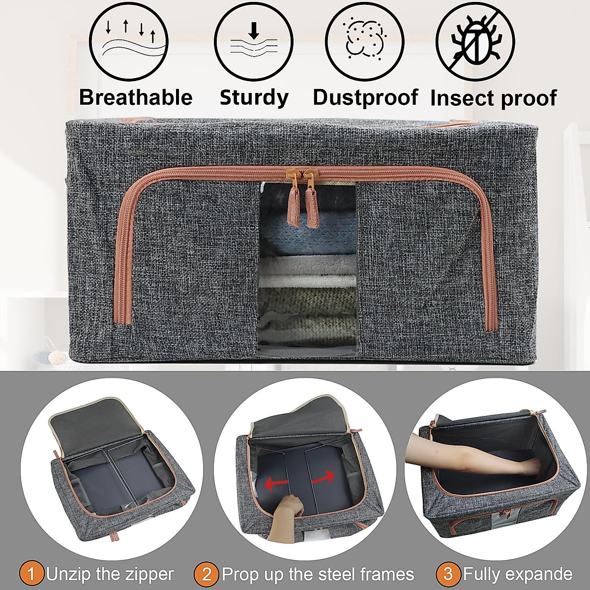 Linen Clothes Storage Bins, 4PCS Sturdy Closet Organizers and Storage Bin with Metal Frame, 2 Opening Ways Fabric Visible Lidded Storage Box for Organizing Clothing,Jeans,Sheets (4PC Gray, 22Liters)