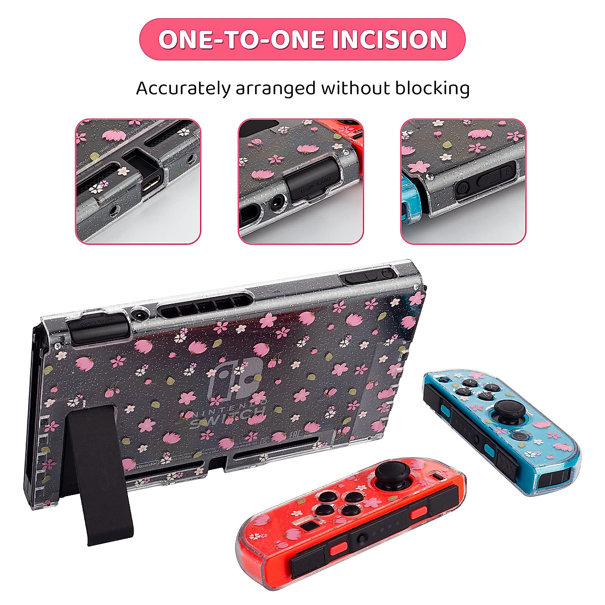 RHOTALL Cute Case Compatible with Nintendo Switch, Kawaii Accessories for Switch, Glitter Crystal Clear Cover for Switch and Joy Con Controller with 2 Glitter Thumb Grips - Cherry Blossoms
