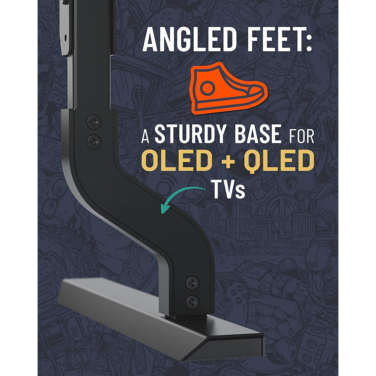 ECHOGEAR Premium Replacement TV Stand for 55"-86" Screens - Angled Feet Give Universal TV Stand Stability for QLED & OLED TVs -Easy 3-Step Install Comes w/Soundbar Isolation & Anti-Slip/Scratch Pads