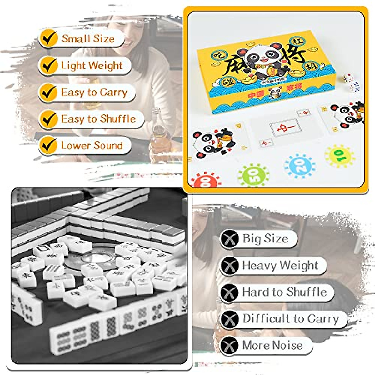 Sishynio Mahjong Cards Gift Set, Mah-Jongg Playing Cards with Dice & Chips, 2023 Handheld Cartoon Majiang Game, Classical Chinese Table Game, for Leisure Time Party Traveling Gifts (Pattern of Panda)