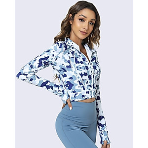 GYM RAINBOW Women's Cropped Full Zip Athletic Jackets Lightweight Slim Fit Workout Jacket with Thumb Holes(#6 Blue And White Camo,Medium)