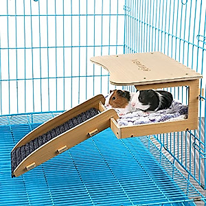 MEWTOGO Guinea Pig Hideout - Natural Wooden Small Animal House Bed with Stairs and Mat, Detachable Small Pet Hut Habitats for Guinea Pig Hamsters Bunny Chinchillas