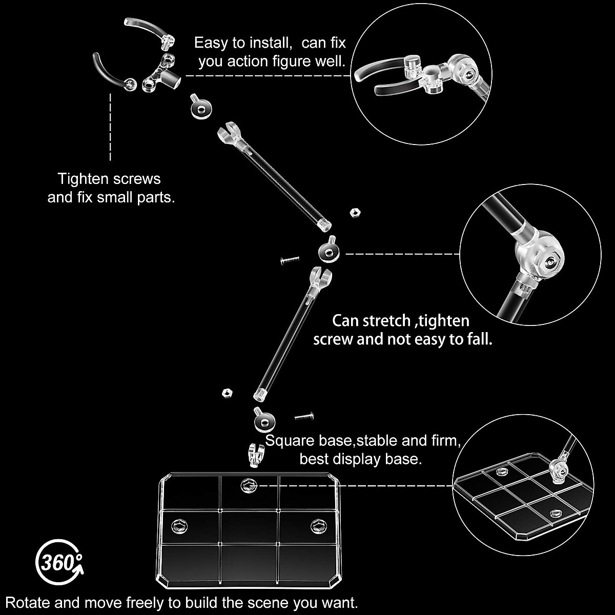 Jetec 9 Pieces Action Figure Display Holder Base Clear Action Figure Display Stand Doll Model Support Stand Action Figures Doll Display Holder Compatible with HG RG SD SHF Gundam 1/144 Toy