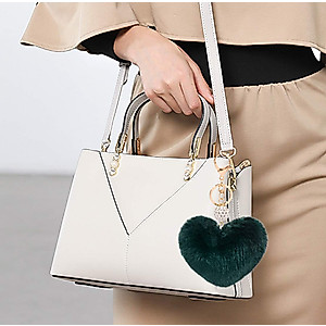 Women's Heart Faux Fur Pom Pom Key Chains Bag Accessory Puffball Keyring Backpack Charms for Girls(dark green)