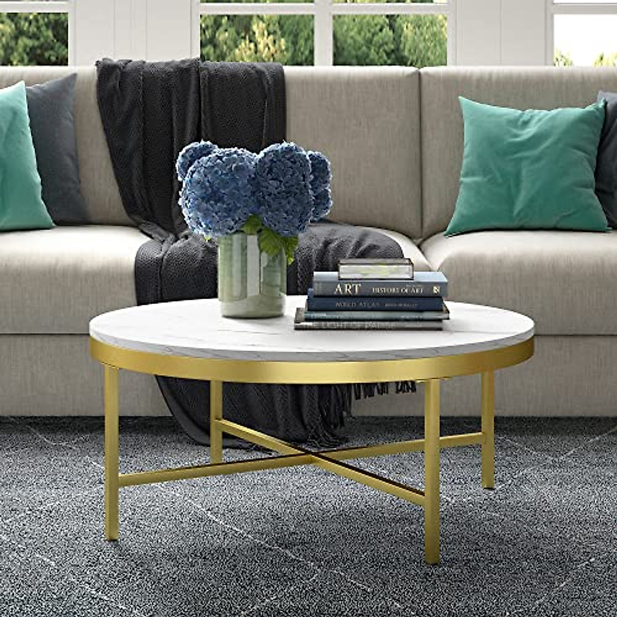 Henn&Hart 36" Wide Round Coffee Table with Faux Marble Top in Brass/Faux Marble, Modern coffee tables for living room, studio apartment essentials
