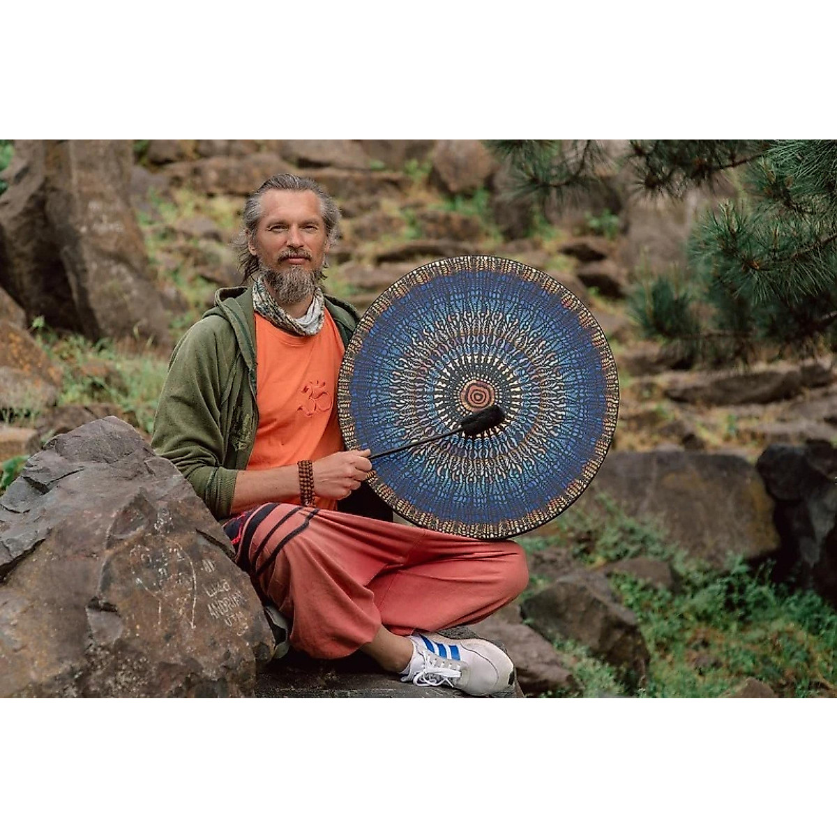 SYLALE Shaman drum percussion frame drum handmade deep bass therapy tool sound therapy instrument 9.9x9.9 inches Shaman drum blue