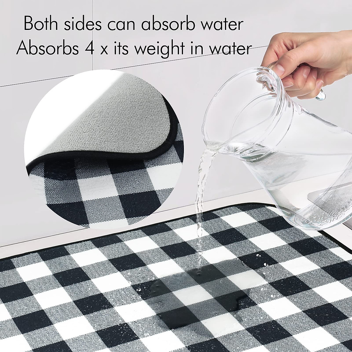 AELS XL 24" x 18" Dish Drying Mat, Set of 2, for Kitchen Counter, Buffalo Check Plaid Tartan Reversible Absorbent Microfiber Dish Drainer/Rack Pads with Hanging Loop
