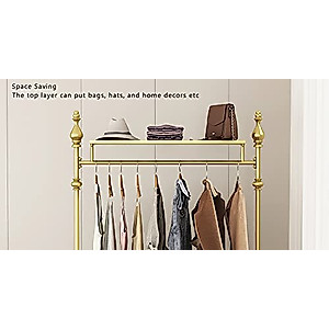 Clothing Rack Gold, Industrial Clothes Rack for hanging Clothes with Double Shelves Freestanding Multi-functional Heavy Duty Garment Rack, Metal Movable Coat Rack for Organizing Clothes Shoes