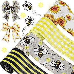 20 Yards Bee and Sunflower Wired Ribbon 2.5 Inch Wide Honeybee Craft Ribbon Black Yellow Wired Edge Ribbon for DIY Wrapping Crafts Decor Party Ornaments, 4 Rolls