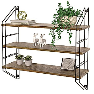 JACKCUBE Design 3 Tier 27.5 Inch Wood Wall Floating Shelves, Wall Hanging Book Storage Organization Display Shelf Rack with Black Metal Brackets- MK874A