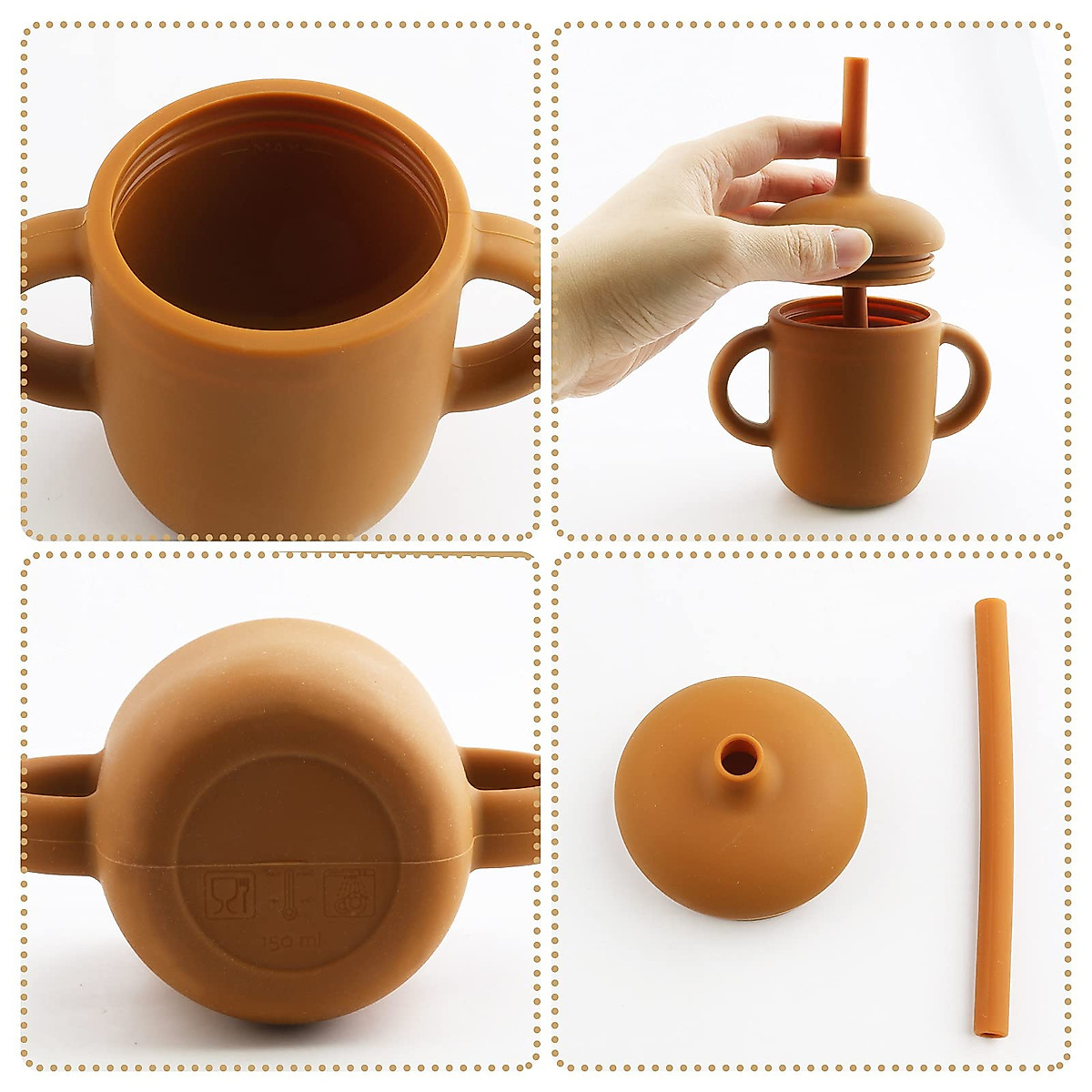 Sangyn 2 Pack Toddler Training Cup with Straw,BPA-Free,5 Oz Silicone Sippy Cups, Unbreakable, Trainer Cup for Babies Toddlers and Infants(Sky Blue, Brown)