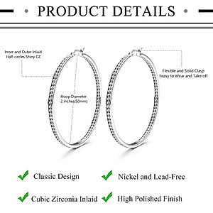 ORAZIO Stainless Steel Women Hoop Earrings Cute Huggie Earrings Cubic Zirconia Inlaid 50MM (A: Silver-tone)