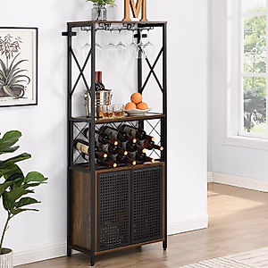 OIOG Wine Bar Cabinet Furniture, Freestanding Wine Bakers Rack with Glass Holder and Storage Cabinet, Multifunctional Liquor Cabinet for Kitchen and Dining Room (Vintage Brown)