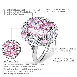 Hius Adjustable 925 Sterling Silver AAA Cubic Zirconia Engagement Ring Pink Cubic Zirconia Wedding Promise Rings for Women Statement Ring for Her