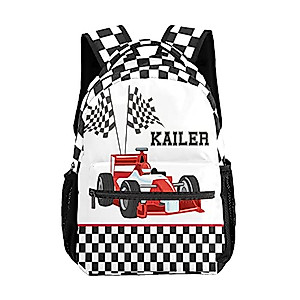 NZOOHY Race Car Checkered Personalized Kids School Backpack Custom for Boys Girls Primary Daypack School Bookbag Travel Bag