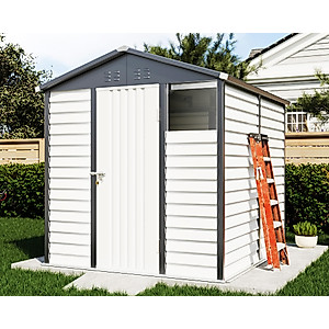 VanAcc 6.5x9x7 FT Outdoor Storage Shed with Shutter Design, Metal Garden Shed with Lockable Doors and Vents, Tool Storage Shed for Backyard, Patio, Lawn, White & Charcoal Gray