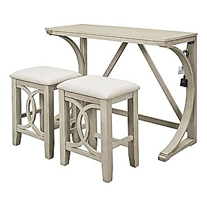 FRITHJILL 3-Piece Farmhouse Wood Counter Height Pub Dining Set, Included a Table with USB Ports and 2 Upholstered Stools
