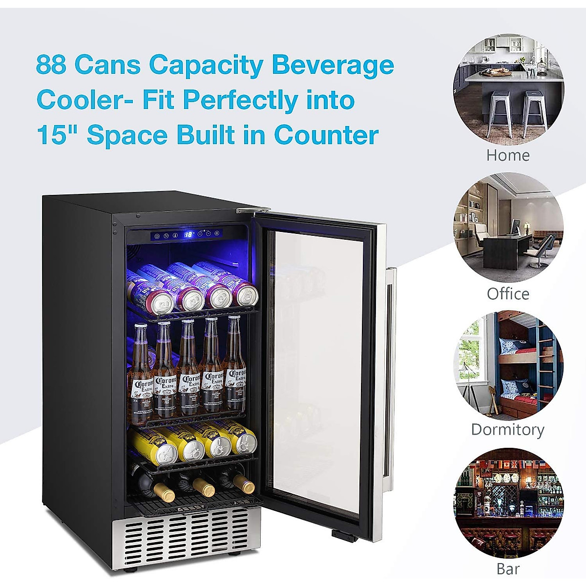 Antarctic Star 15 Inch Beverage Refrigerator Under Counter Built-in Wine Cooler Mini Fridge Clear Glass Door Digital Memory Temperature Control, Beer Soda LED Light, Quiet Operation (15 Inch)
