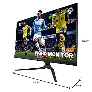 CRUA 27 inch Monitor, 1440P QHD IPS Computer Monitor, 60HZ 100% sRGB, with freesync, Low Motion Blur, Eye Care, HDMI, Dp Port-Support VESA-Black