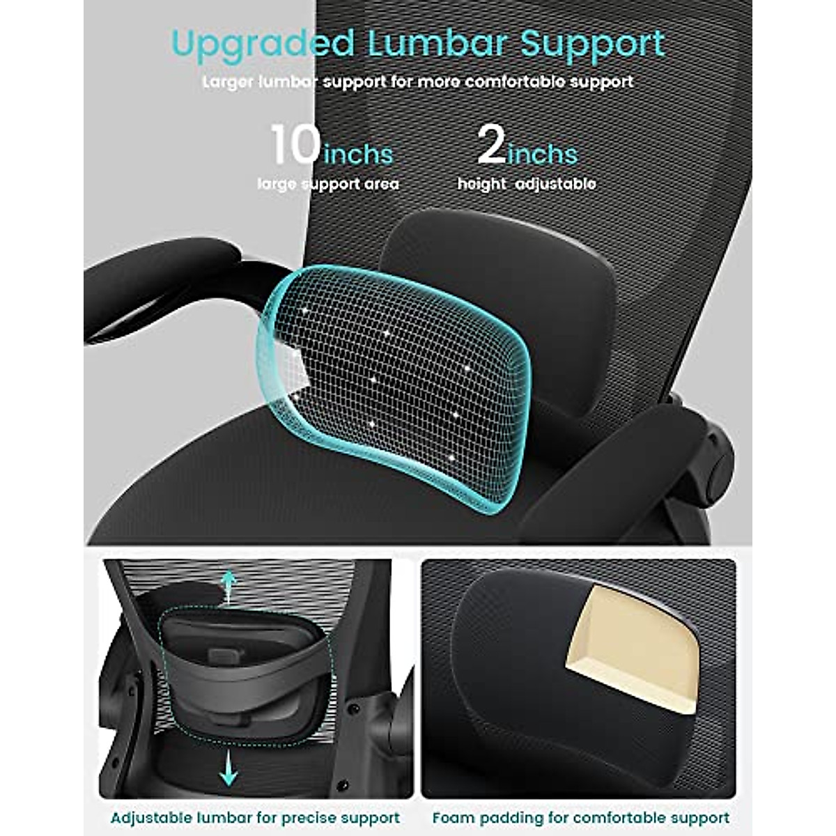 MUXX.STIL Office Chair, Desk Chair with Adjustable Lumbar Support, Ergonomic Task Chair with Breathable Mesh, Swivel Computer Chair with Flip-up Armrest, for Home Office, Black