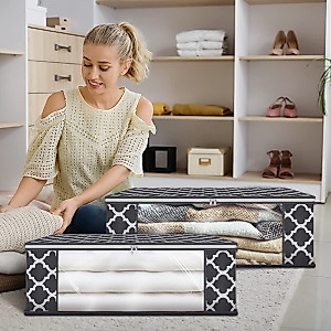Fixwal Storage 4 Pack, Clothes Organizer Storage Bags, Foldable Storage Box with Large Clear, Foldable Comforter, Sheet Storage, Reinforced Handle, Sturdy Zippers, Clear, Blankets, 35L, Grey Pattern