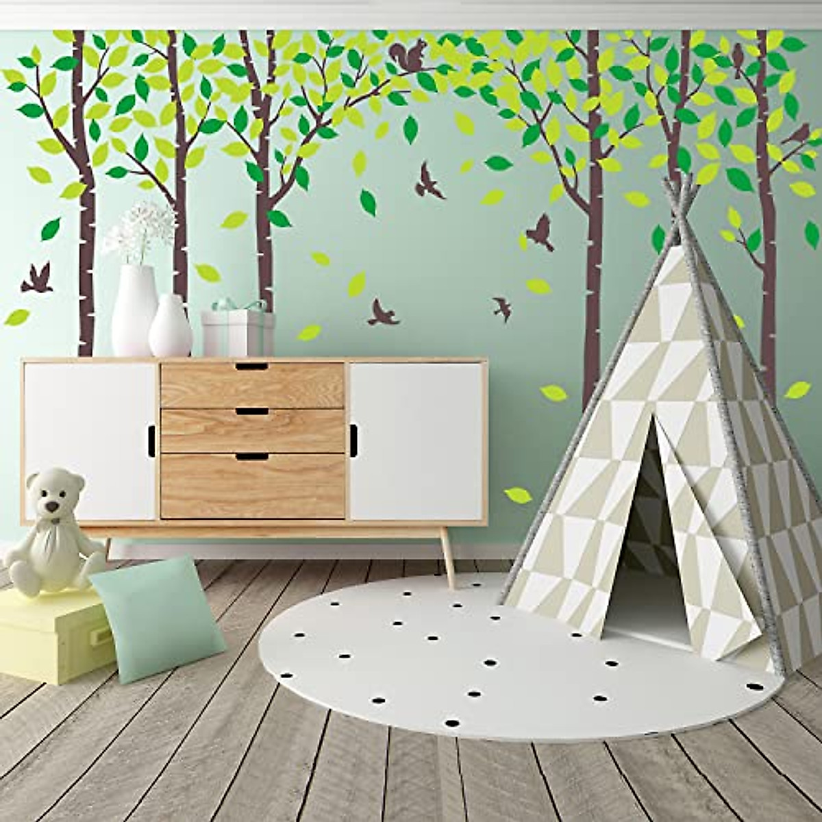 Six Birch Tree Wall Decals Birds Cute Squirrel Forest Wall Stickers for Kids Room Nursery Bedroom Living Room Classroom Decoration (Brown,Green)