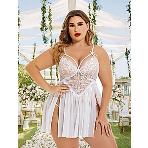 Avidlove Plus Size Lingerie for Women Sexy Lace Babydoll Nightgown Strap Chemise V Neck Sleepwear Mesh Nightwear Side Slit Nightie White