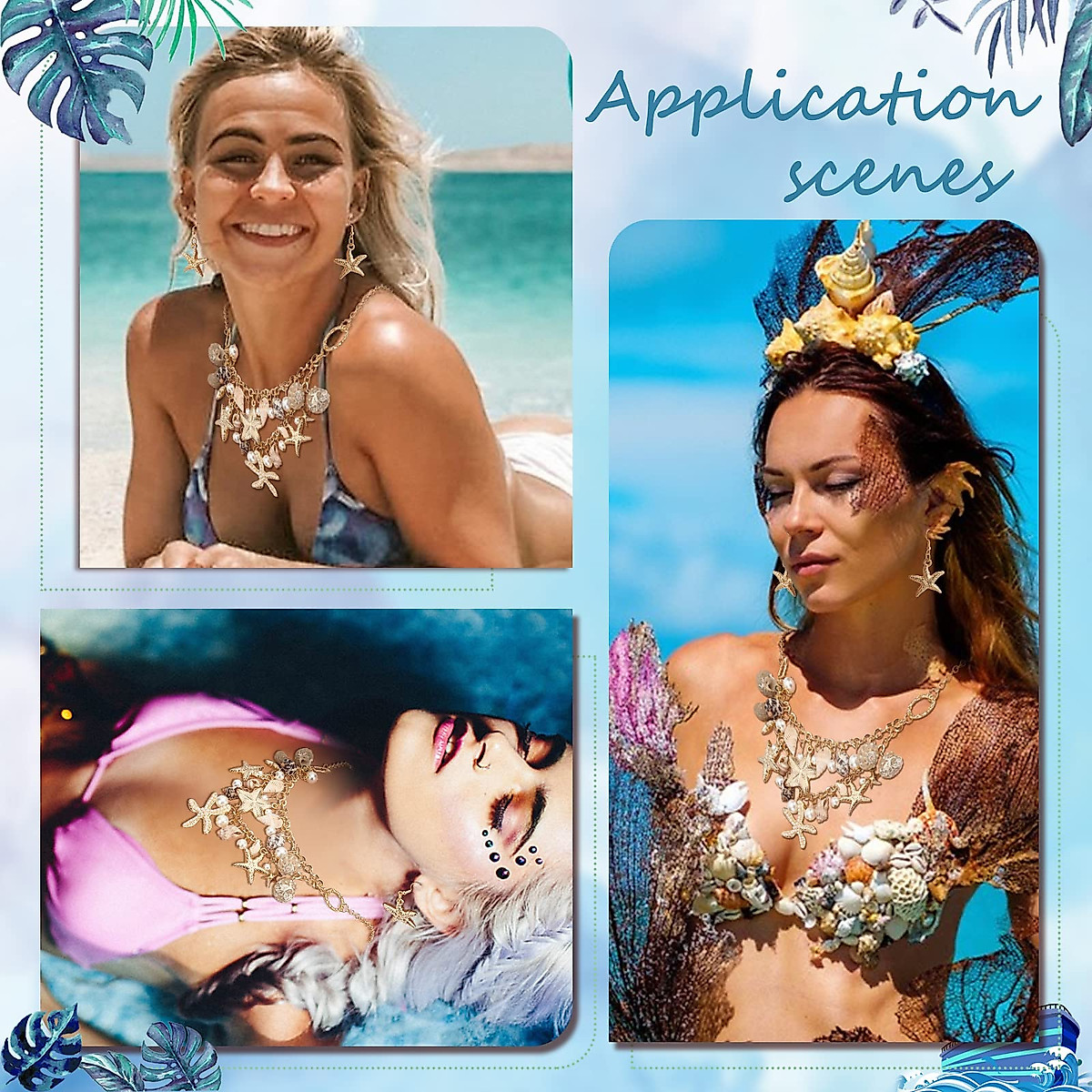 PH PandaHall 3 in 1 Mermaid Jewelry Set Sea Shell Starfish Jewelry Pearl Bib Statement Chunky Mermaid Tail Necklace Bracelets Shell Earrings Summer Mermaid Costume Jewelry for Women Valentine (Gold)