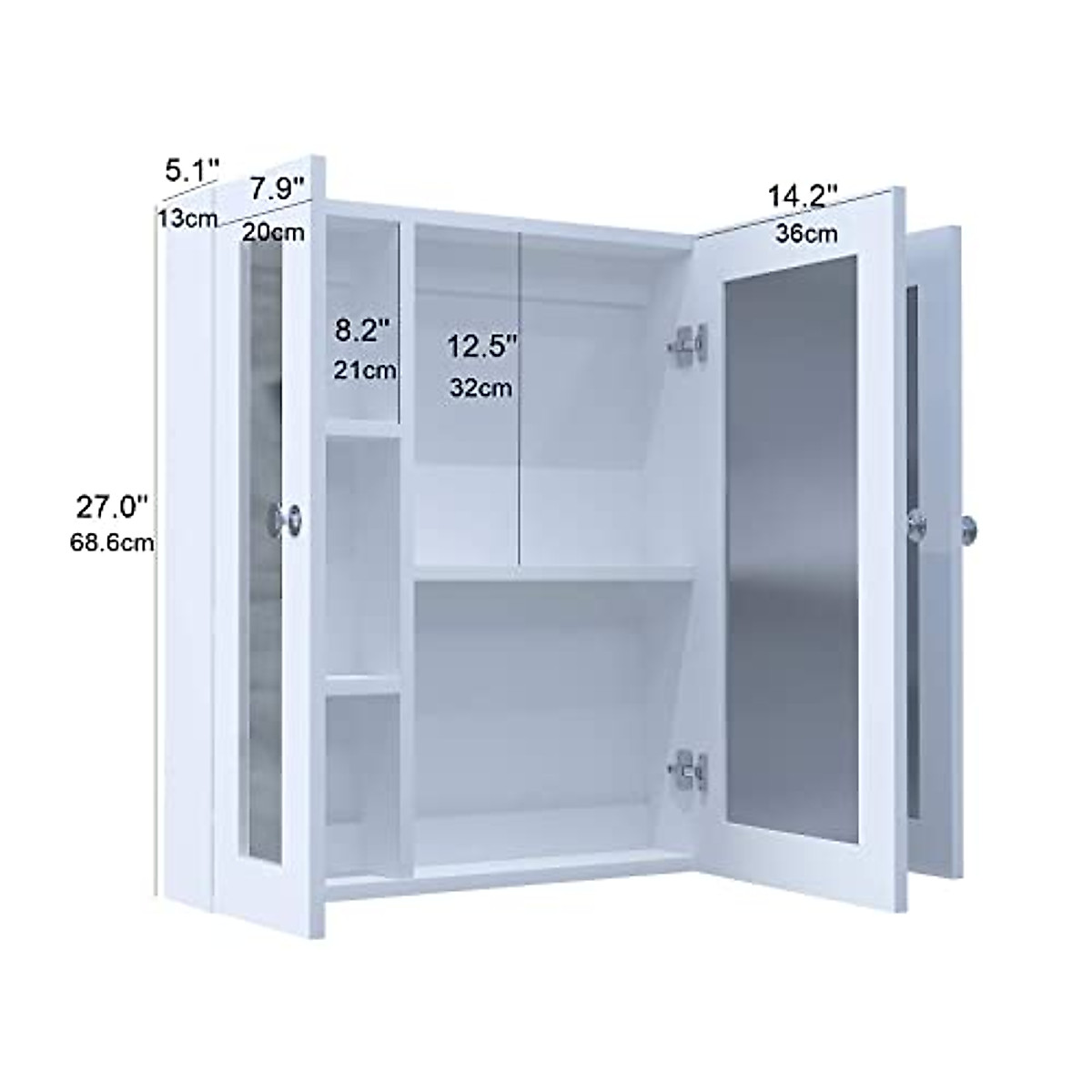 BUBFUL Bathroom Mirror Cabinet Wall Mounted Medicine Pharmacy Cabinets with 3 Doors, Waterproof PVC White Color