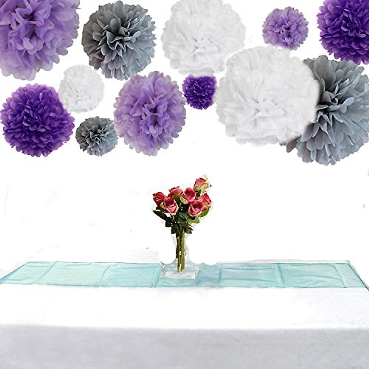 12pcs 8 Inch 10 Inch 14 Inch Mixed Lavender Purple Grey White Tissue Pom Poms Paper Flower Wedding Bridal Shower Party Fluffy Decoration