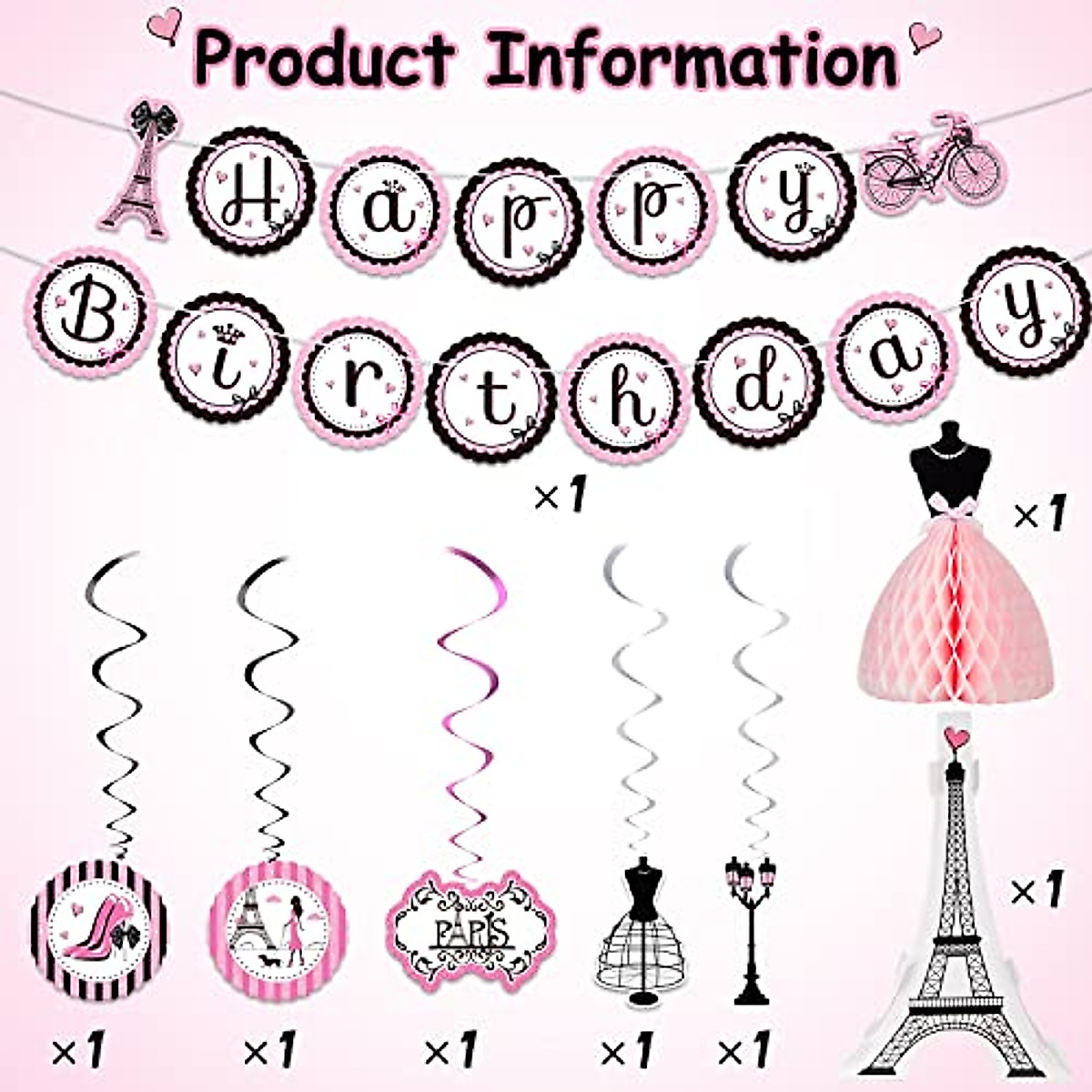 Paris Party Decorations Set, Paris Happy Birthday Banner Dress Honeycomb Centerpiece Eiffel Tower Cutout Paris Hanging Swirl Decoration for Baby Shower Birthday Paris Theme Party Supplies