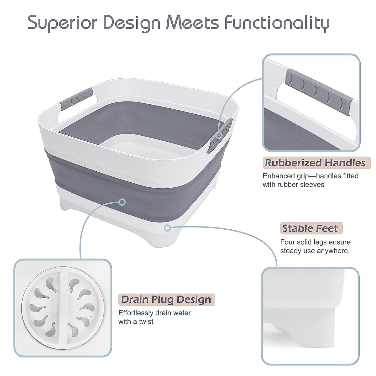 Goderewild 2024 Upgraded 2.4 Gal (9L) Collapsible Dish Basin with Drain Plug, Space Saving Multiuse Foldable Sink Tub, Dishpan, Beverage Tubs for Camping, Vegetable Washing, RV (Gray)