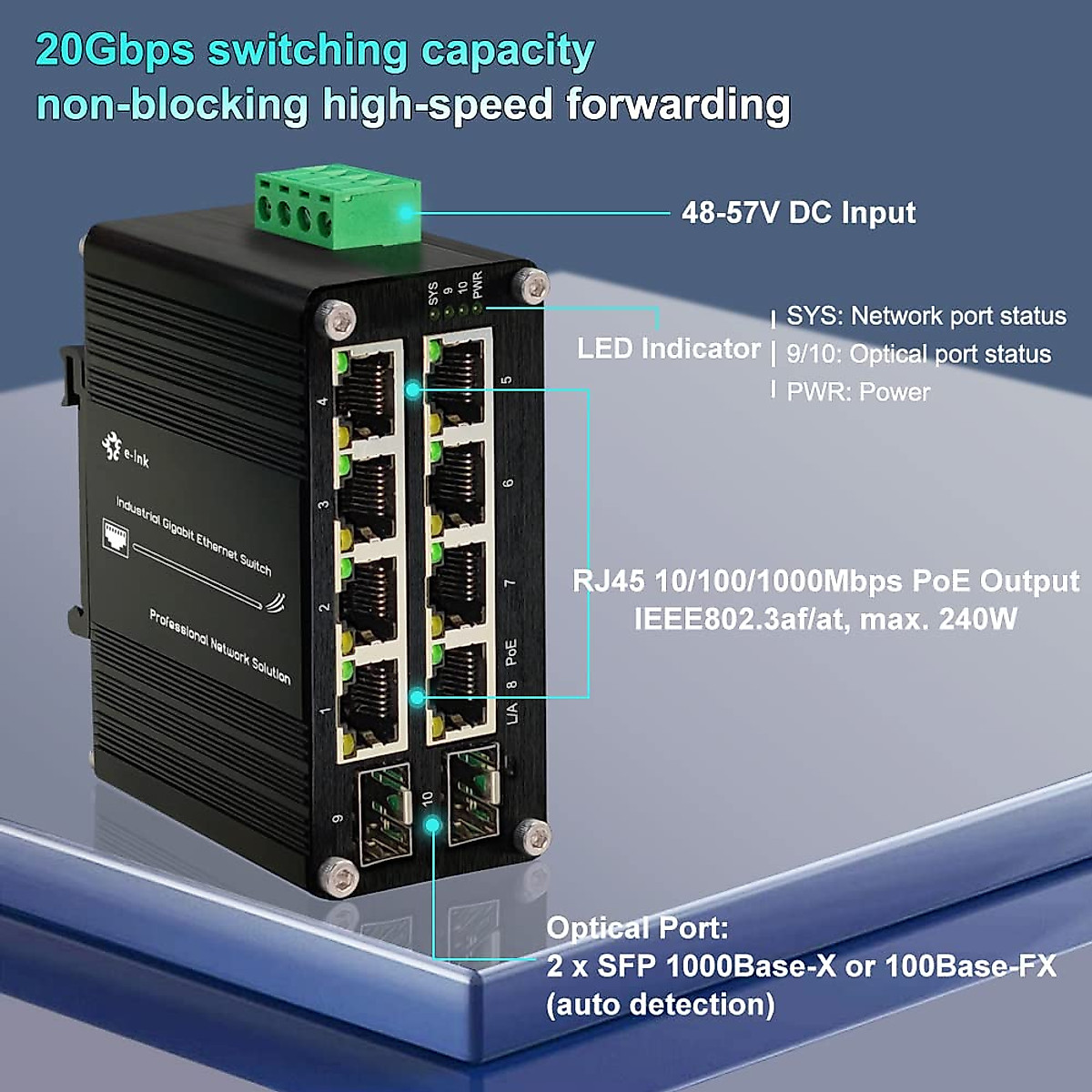 Throncom Industrial Gigabit PoE Fiber Switch 8 Ports PoE+ Ethernet Switch with 100/1000M Adaptive 2 SFP Slots Din Rail Unmanaged 10/100/1000Mbps Small Network Switch IEEE802.3af/at 30W/240W 48-57V DC